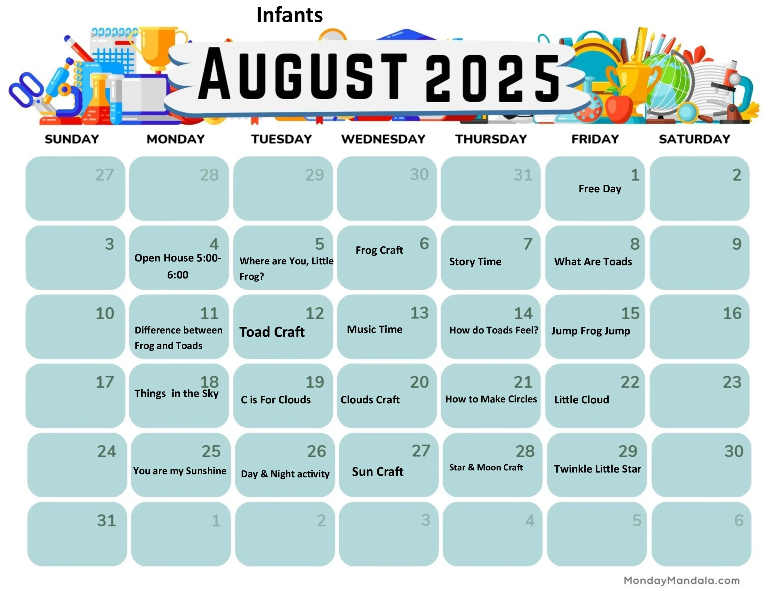 University Infants Aug. Calendar - Weinacker‘s Montessori School
