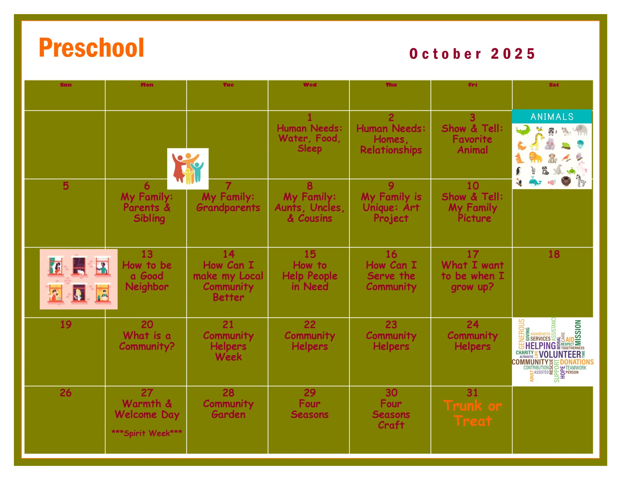 Hillcrest Preschool October Calendar 2025 - Weinacker‘s Montessori School